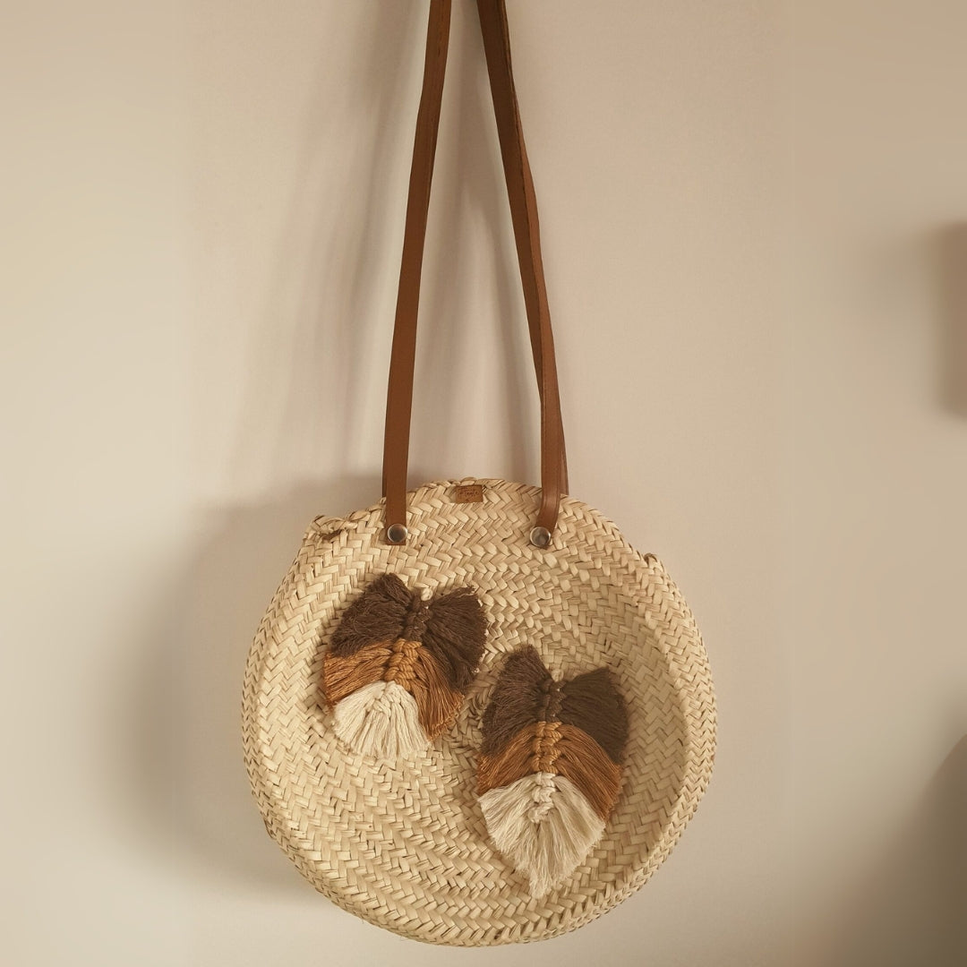 Panier rond en Halfa avec anses et bandoulière en simili cuir marron e